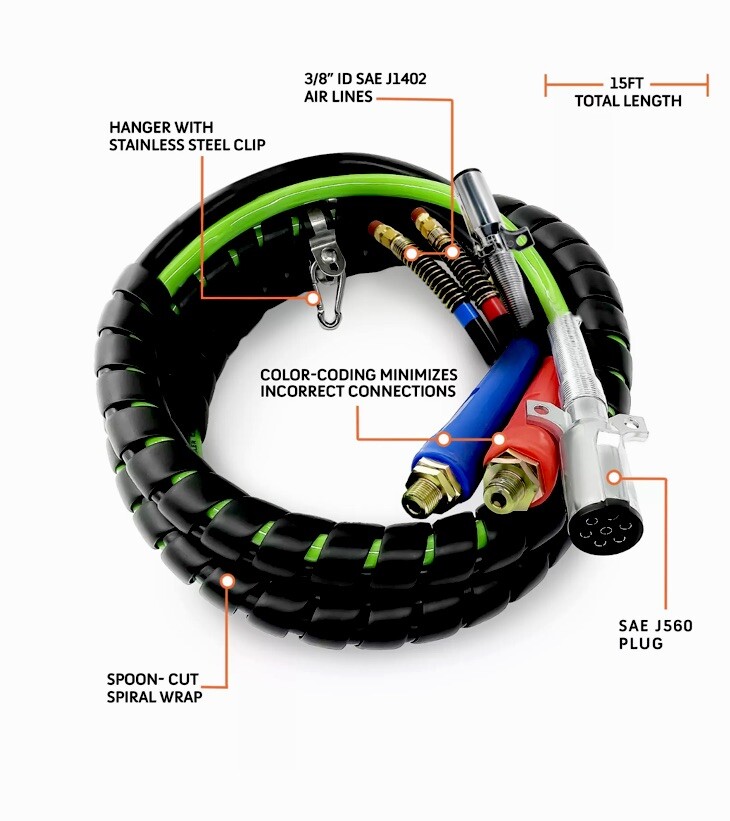15ft 3 in 1 ABS & Air Line Hose Wrap 7 Way Electrical Cable Semi Truck ...