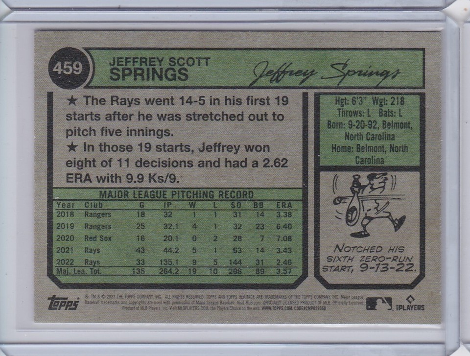 2023 Topps Heritage JEFFREY SPRINGS Tampa Bay Rays SHORT PRINT #459 | eBay