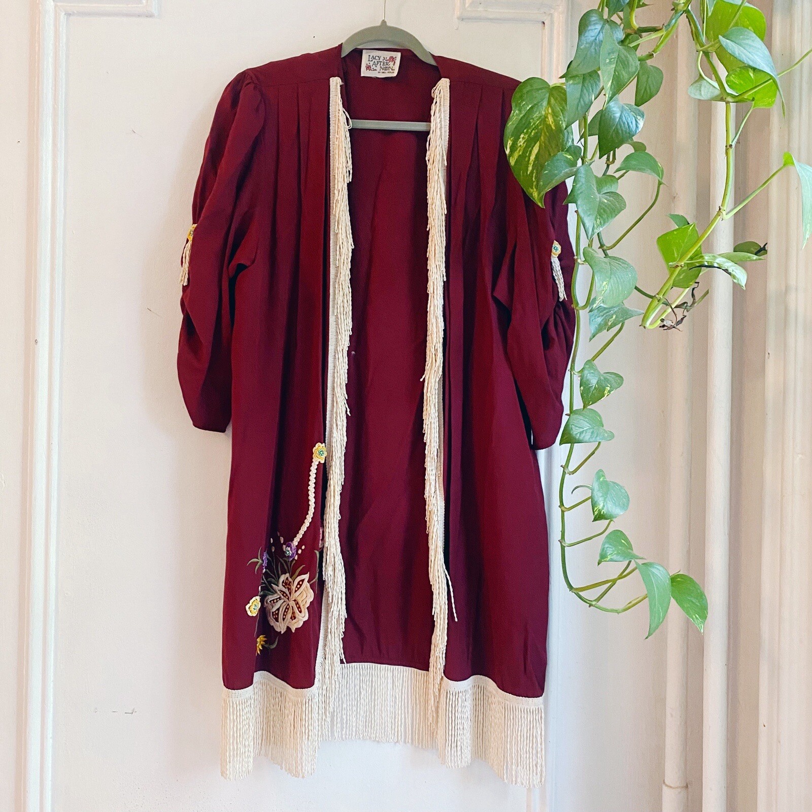 Vintage lacy afternoon maroon robe kimono embroidered… - Gem