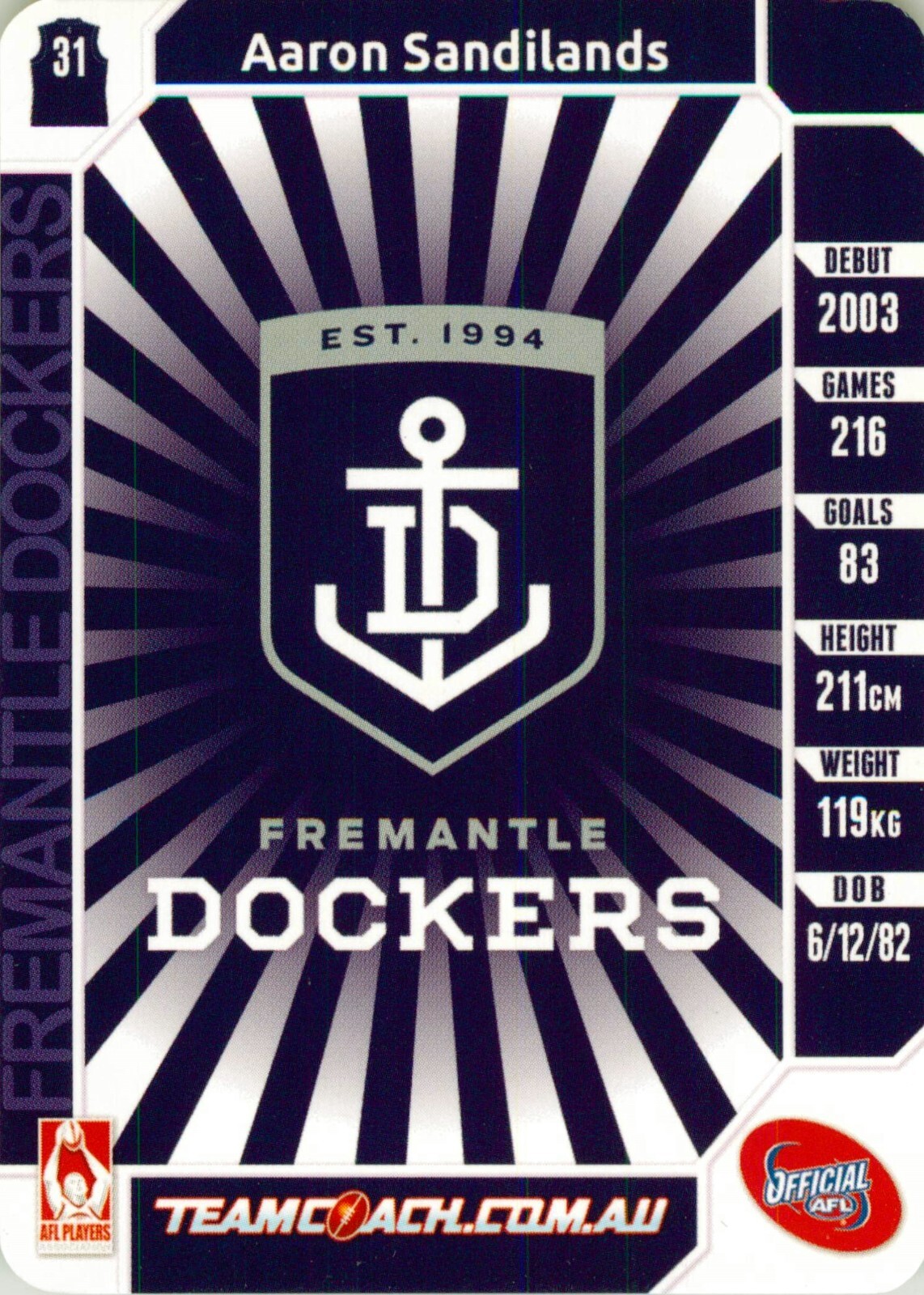 2015 FREMANTLE DOCKERS AFL Card AARON SANDILANDS | eBay