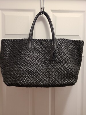 New FALOR Firenze Handbag Black Woven Leather Made in Italy XL Tote NWT ...