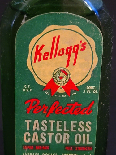 VTG Kelloggs Perfected Tasteless Castor Oil 2 oz Green Glass Bottle ...