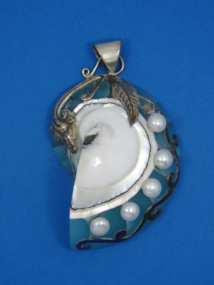 STUNNING POLISHED STERLING SILVER PEARL STUDDED BLUE NAUTILUS SHELL ...