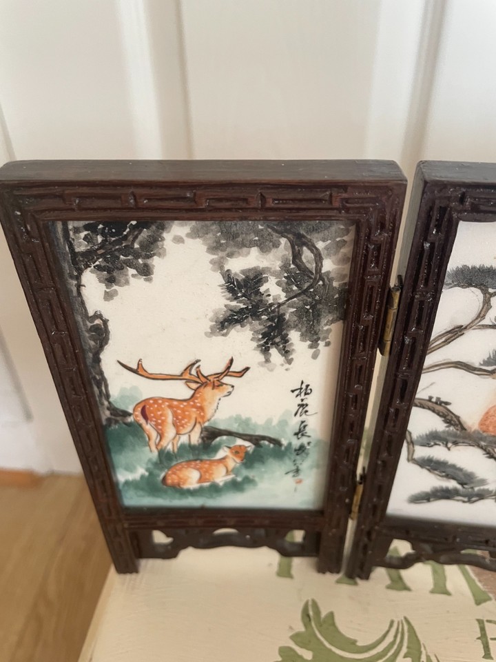 Vintage Miniature 2 Side Chinese Folding Screen Hand Painted Animals ...