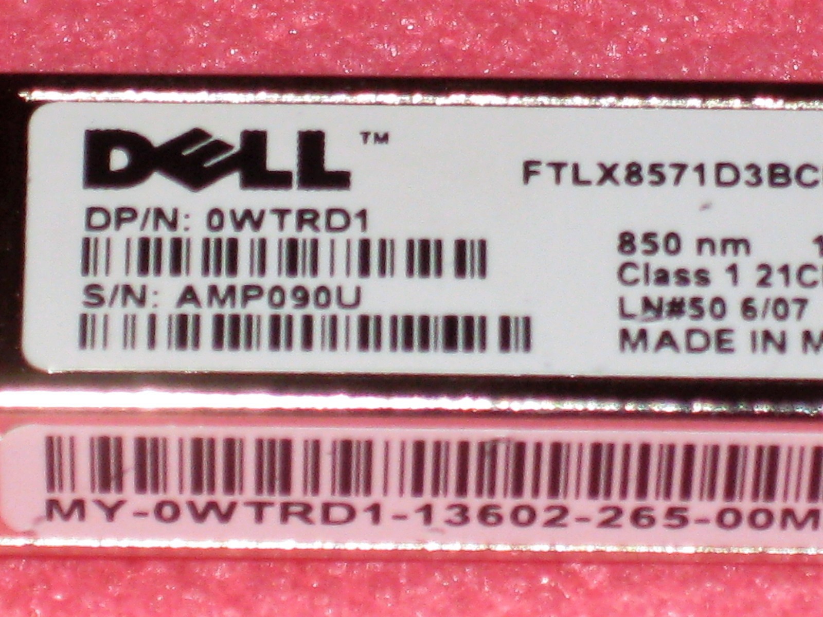 DELL 10Gbase-SR 850nm SFP+ Transceiver WTRD1 0WTRD1 10Gbe FTLX8571D3BCL ...