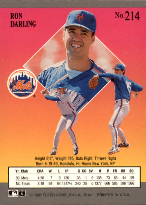 1991 Ultra New York Mets Baseball Card #214 Ron Darling | eBay