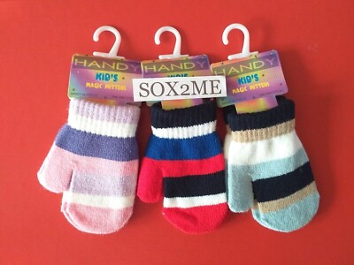 CHILDRENS MAGIC MITTENS STRIPED BOYS GIRLS KIDS ASSORTED COLOURS ONE ...