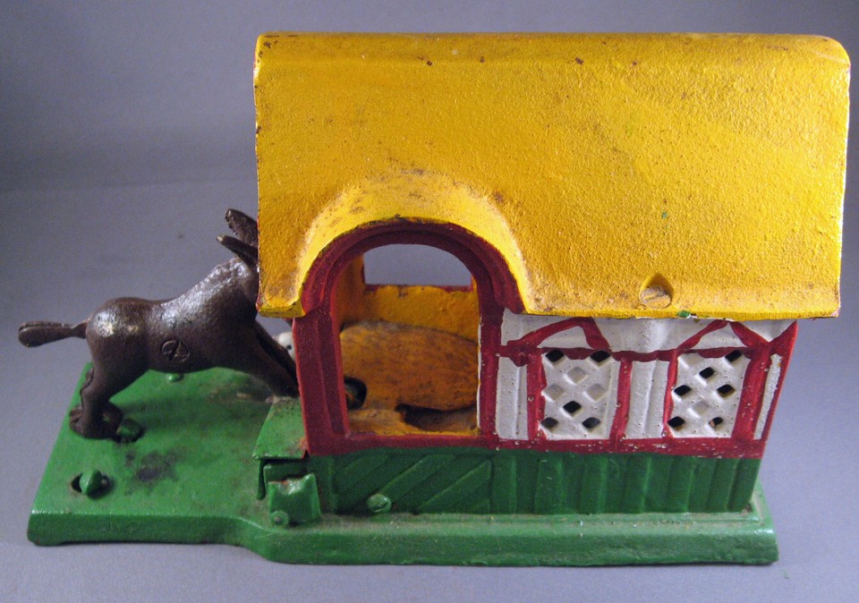 Cast Iron Bank Vintage Mechanical NOVELTY BANK Mule Entering Barn | eBay