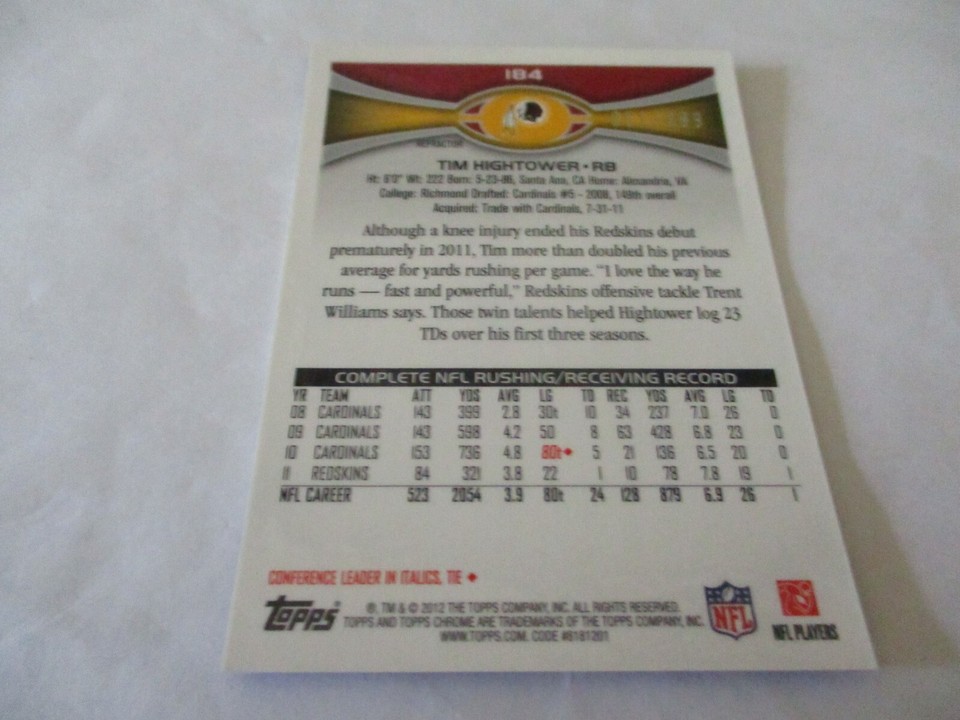 2012 Topps Chrome Purple Refractor Tim Hightower Serial #51/499 Card ...