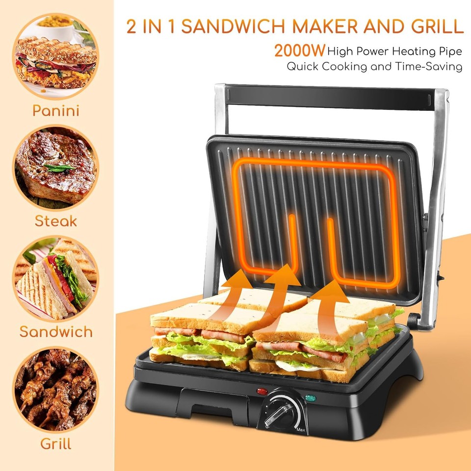 Sandwich Toaster Large Toastie Maker 2000W Panini Press Electric Grill ...