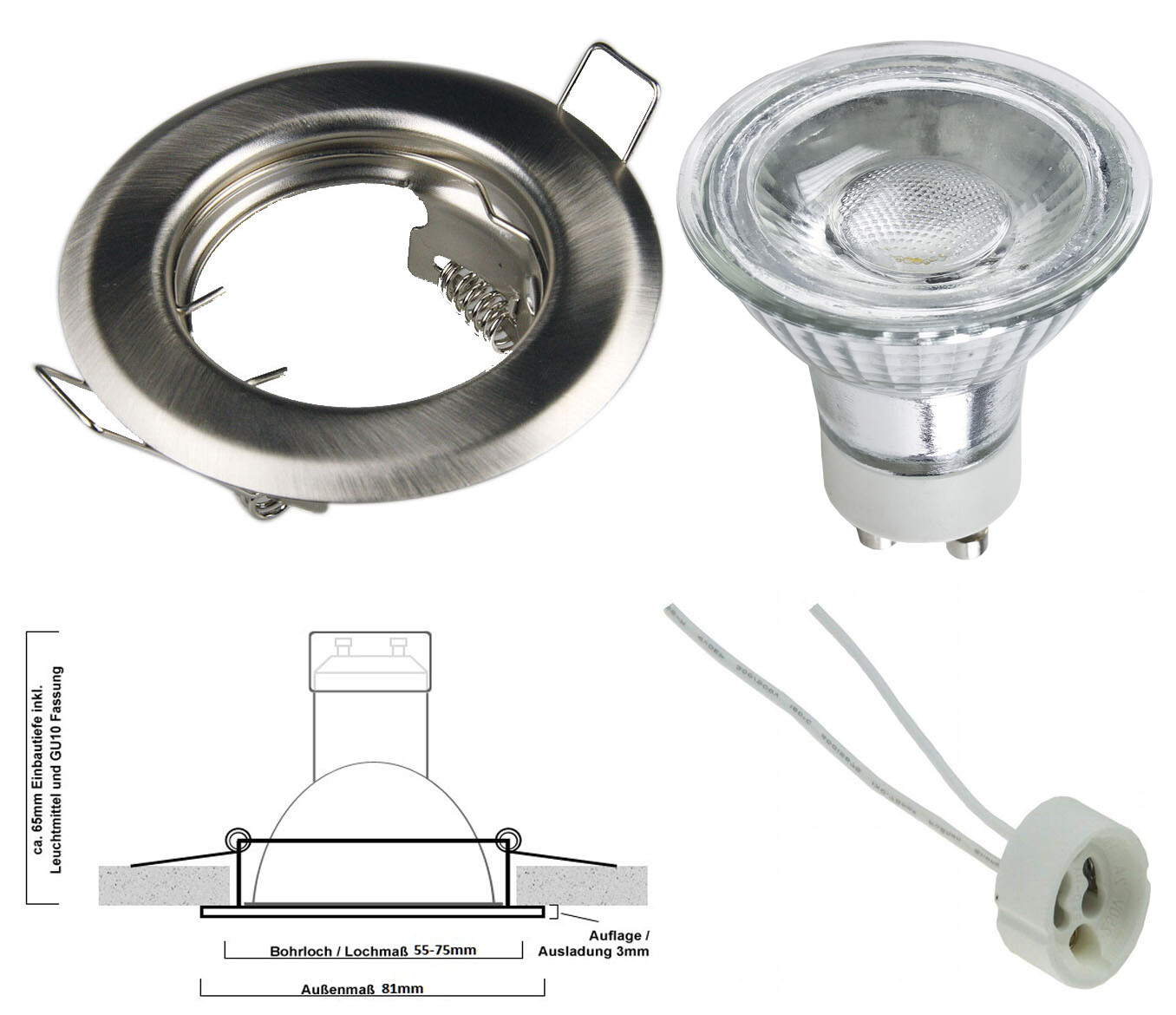 LED Einbaustrahler Set 230V 55mm Bohr Lochmaß GU10 5W Einbauleuchte ...