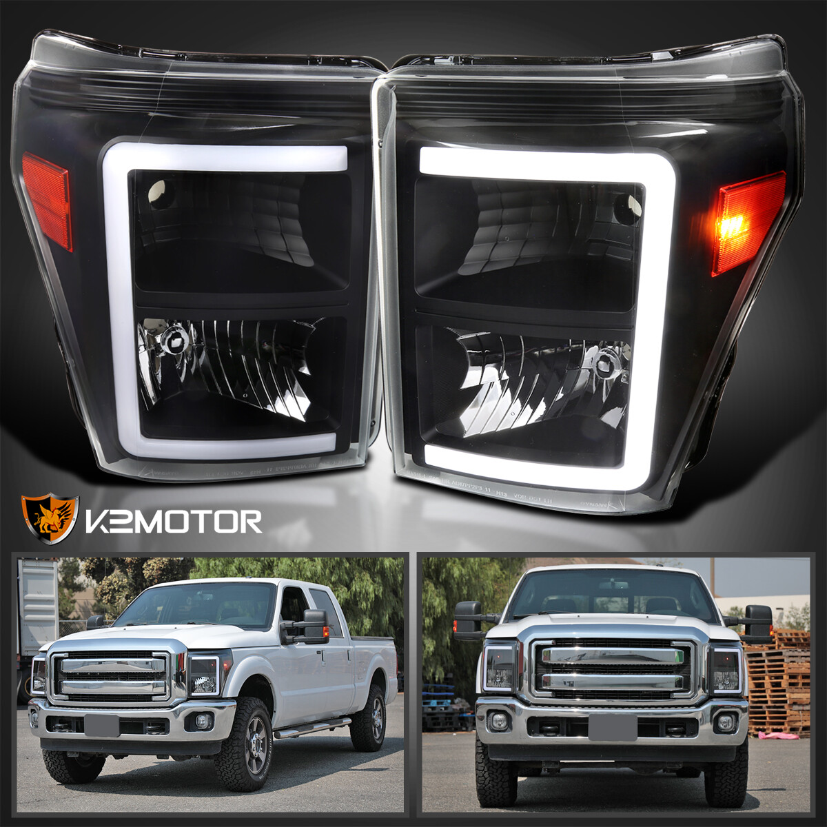 Black Fits 2011-2016 Ford F250 F350 F450 SuperDuty LED Tube Headlights ...