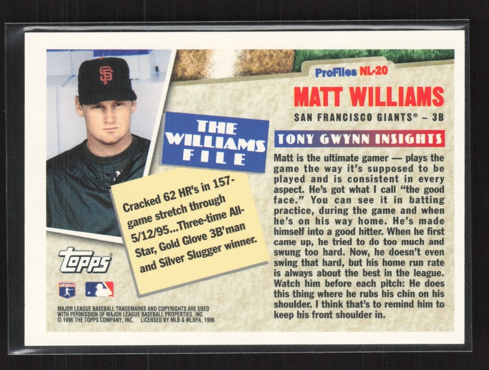 1996 Topps Profiles by Tony Gwynn NL Matt Williams #NL-20 San Francisco ...