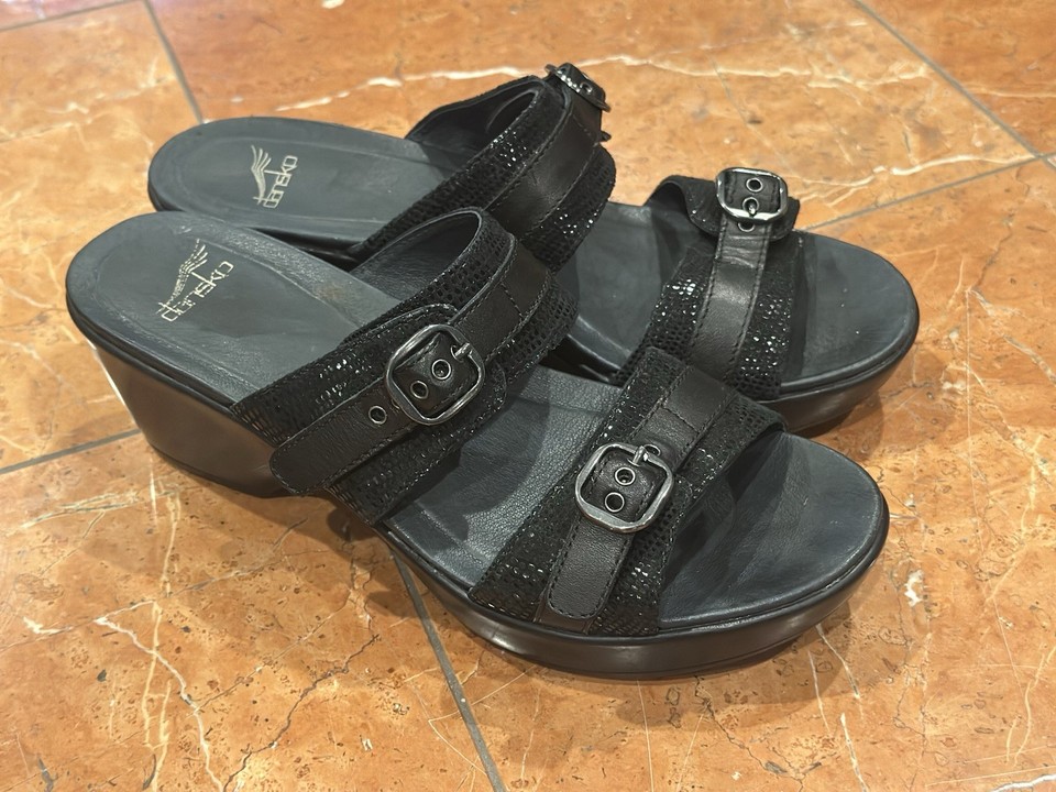 DANSKO JESSIE BLACK LIZARD LEATHER SANDALS SLIDES WEDGE BUCKLE WOMEN 41 ...