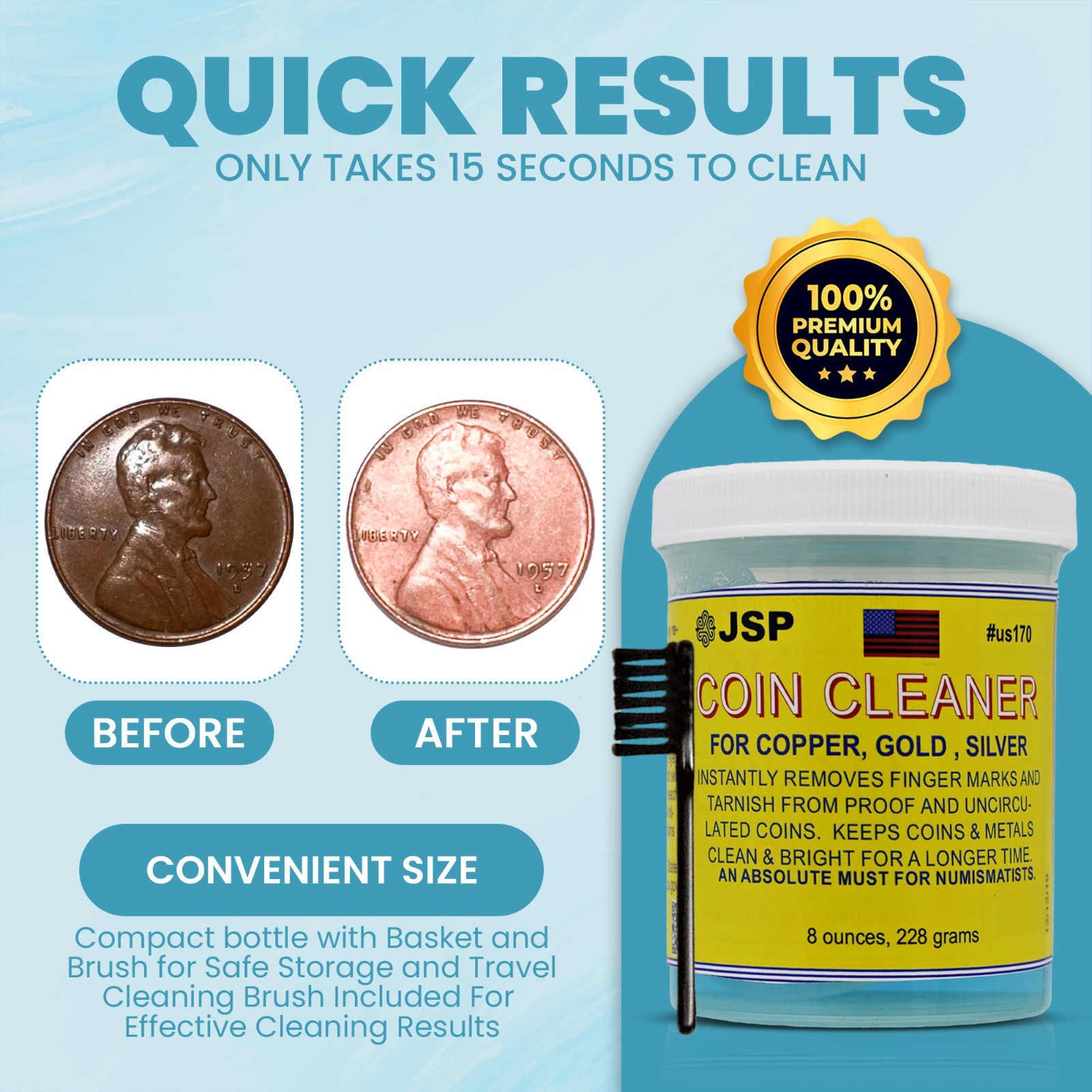 JSP SUPER COIN CLEANER 16 ounces Silver Copper Gold Jewelry Bars Remove ...