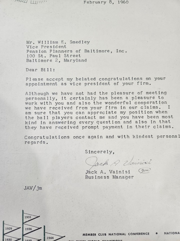 1959 and 1960 NFL Packers Colts letters signed by Jack Vainisi and ...