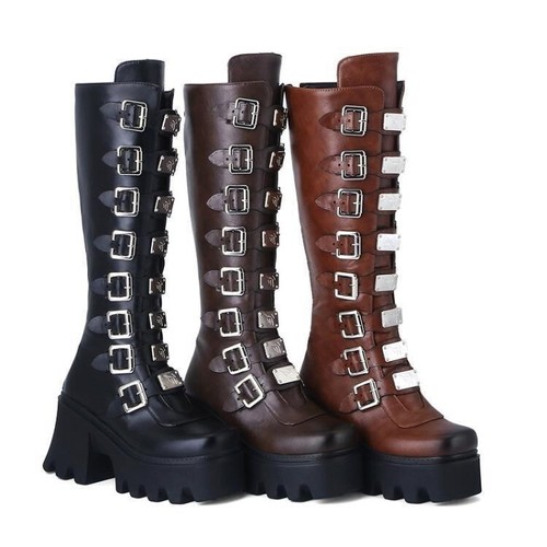靴european Style Womens Punk Shoes Fashion Knee High Knight Boots Block ...
