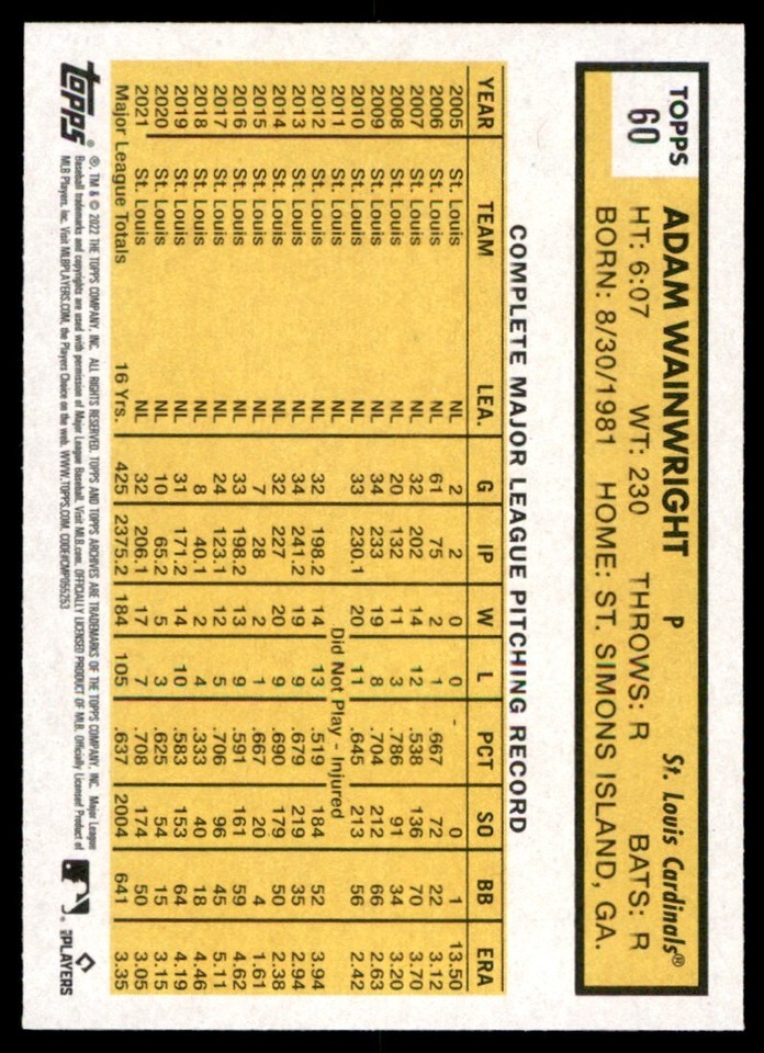 2022 TOPPS ARCHIVES - #60 ADAM WAINWRIGHT ST. LOUIS CARDINALS | eBay