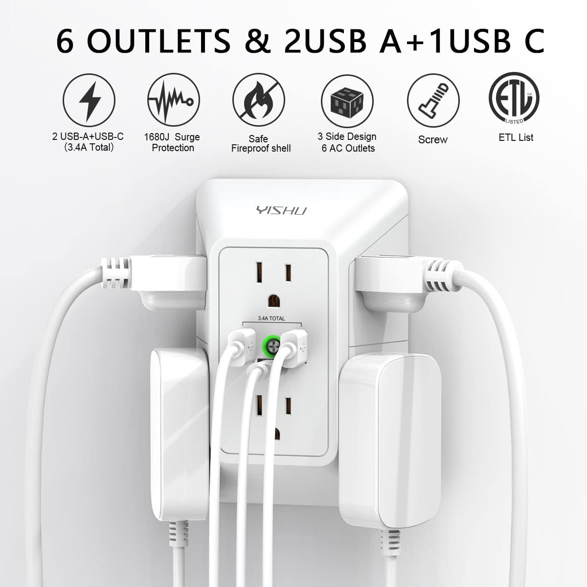 5 Outlet Extender Surge Protector Multi Plug Wall Adapter USB Charger ...