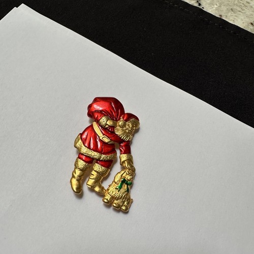 Signed JJ Christmas Holiday Brooch Pin Gold Tone/Red Enamel Santa Claus ...