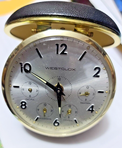 VINTAGE WESTCLOX WIND-UP TRAVEL ALARM CLOCK w US TIME ZONES CLAMSHELL ...