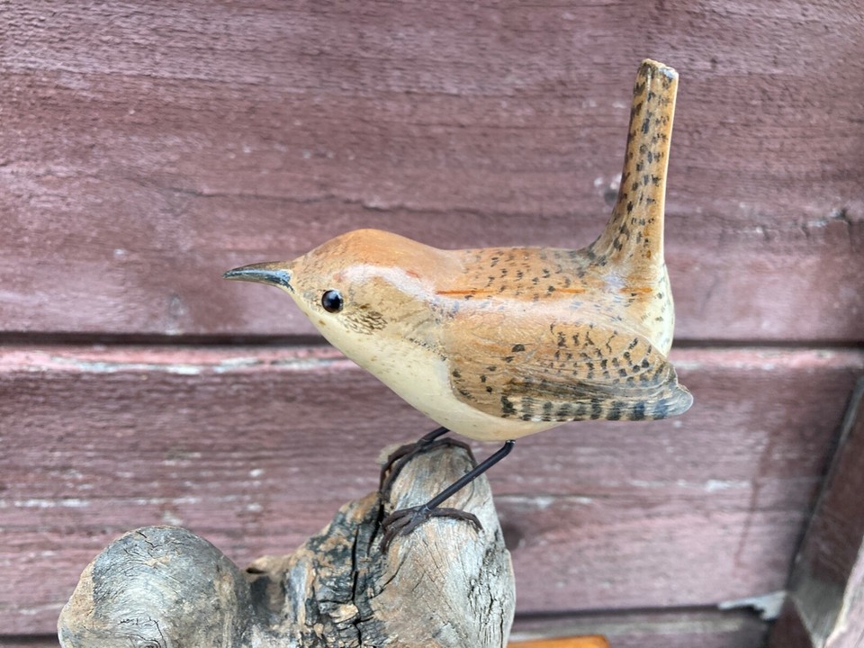 VTG HAND CARVED HOUSE WREN WOODEN D FASKING ADIRONDACK CARVER BIRD ...