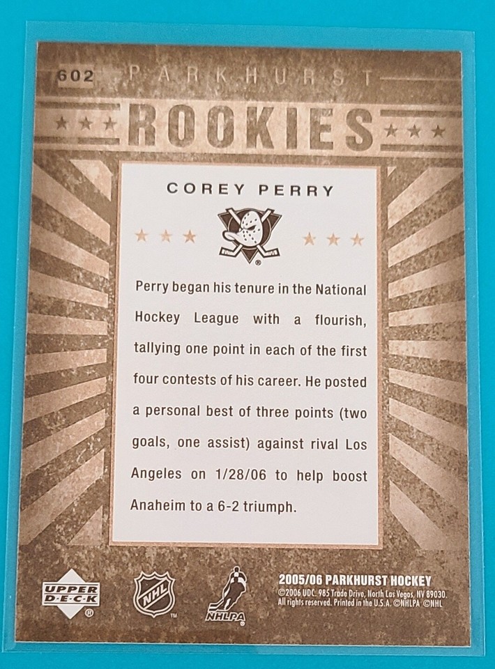 2005-06 Parkhurst RC #602 Corey Perry Anaheim Mighty Ducks HOCKEY Card ...