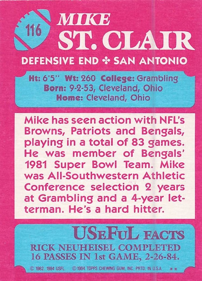 MIKE ST. CLAIR 1984 TOPPS USFL FOOTBALL #116 | eBay