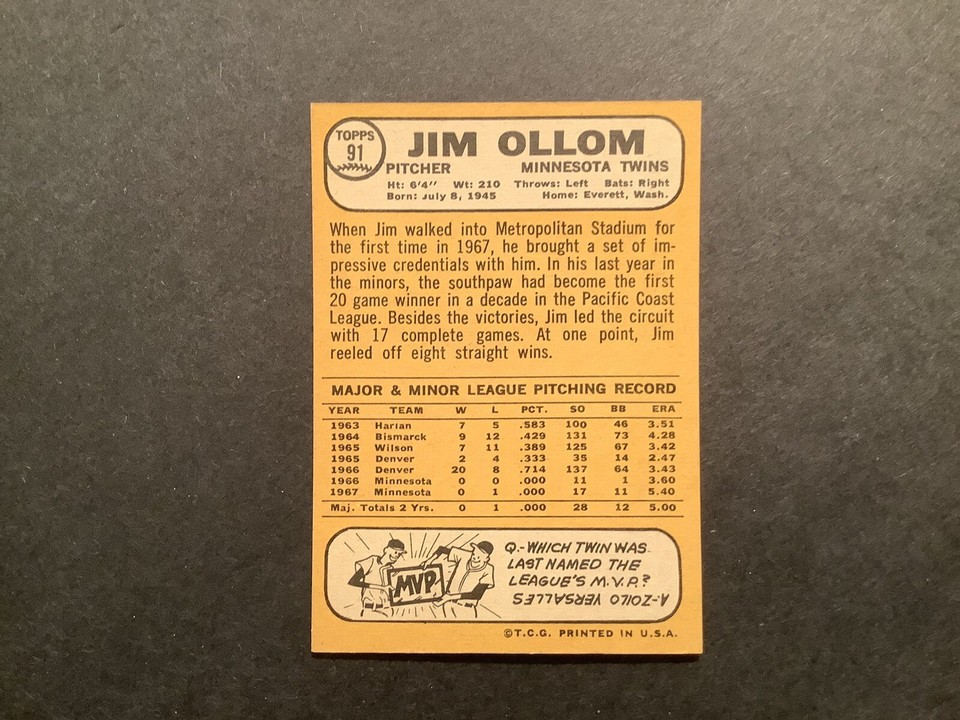 1968 Topps # 91 Jim Ollom | eBay