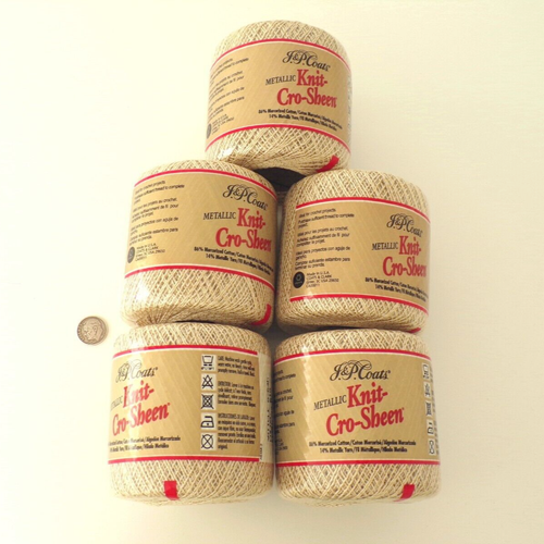 5 Rolls COATS Metallic Knit Cro Sheen CROCHET Thread NIP Ecru / Gold ...