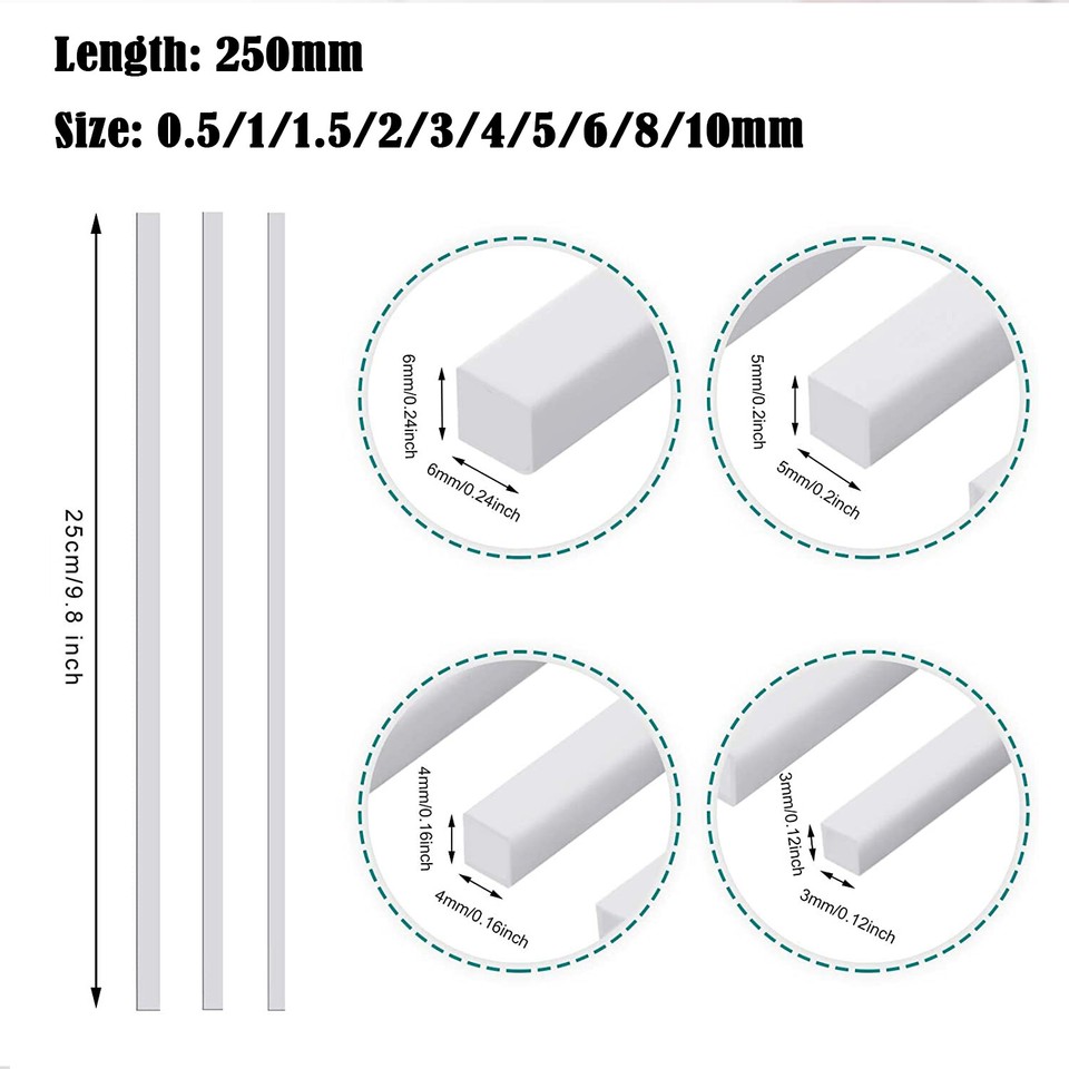 250mm White ABS Styrene Plastic Strip Tube Bar Rods Square Rod 0.5mm ...