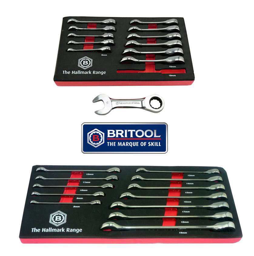 RATCHET SPANNER SET 8-19MM + STUBBY RATCHET WRENCH SET BRITOOL HALLMARK ...