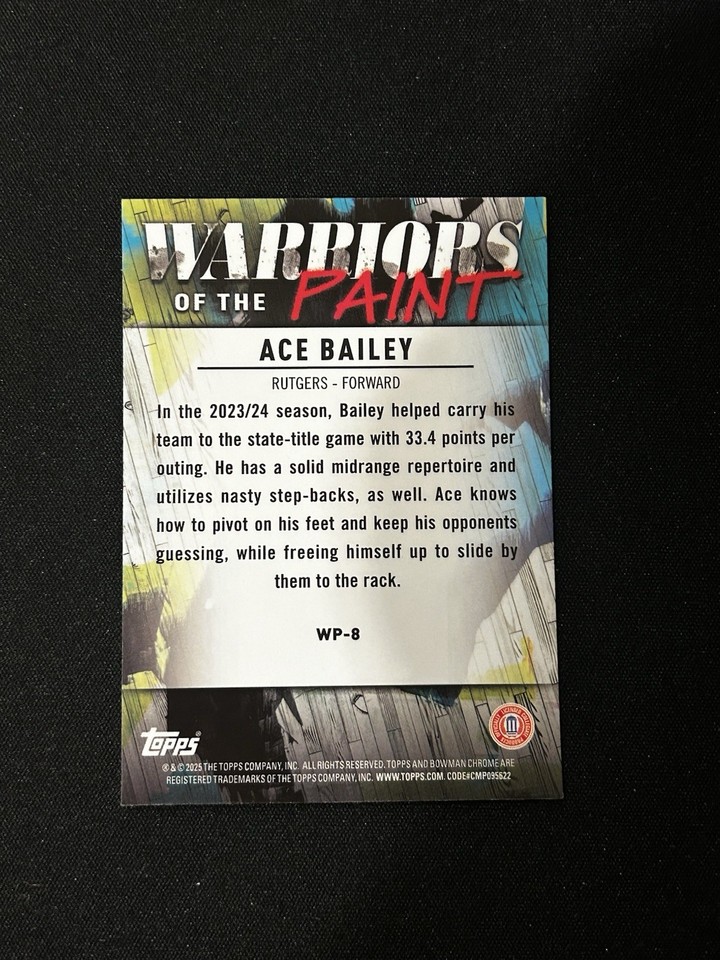 2024-25 Bowman Chrome Ace Bailey Warriors Of The Paint Rookie Rutgers ...