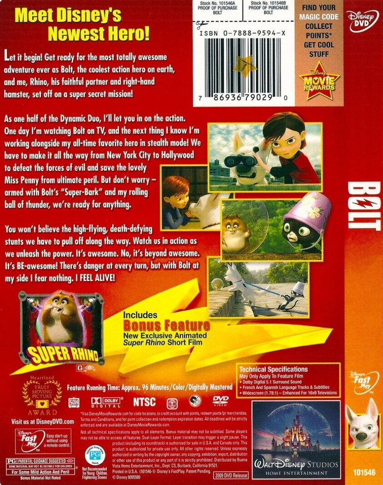Bolt (DVD, 2008) Walt Disney John Travolta Miley Cyrus *BRAND NEW ...