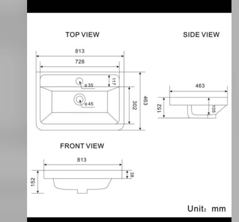 Basin for Bathroom vanity unit. Sink Ceramic White Rectangular. 813mm x ...