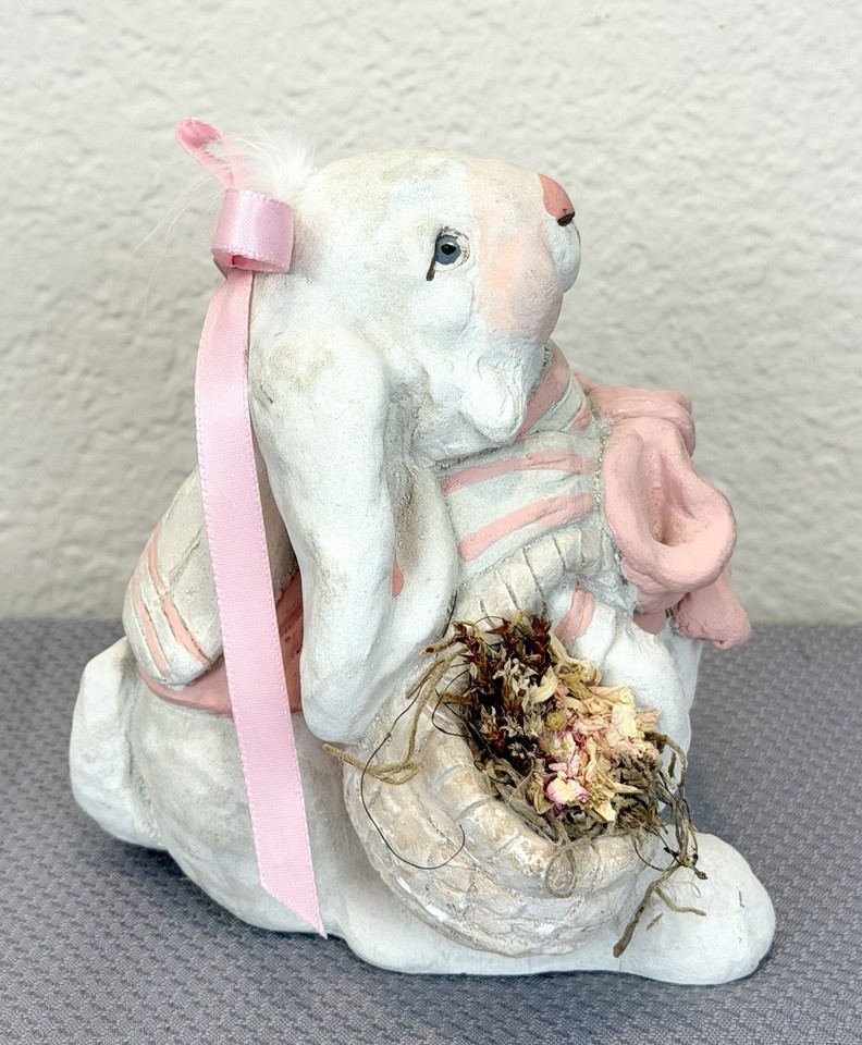 Vintage 1991 Kristin Cast Art Girl Bunny Statue Pink Bow Basket Dried ...