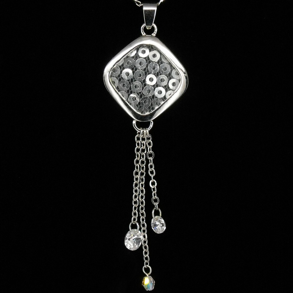 Square Dangle Pendant Necklace Charm Clear Silver Tone Valentine's Day ...