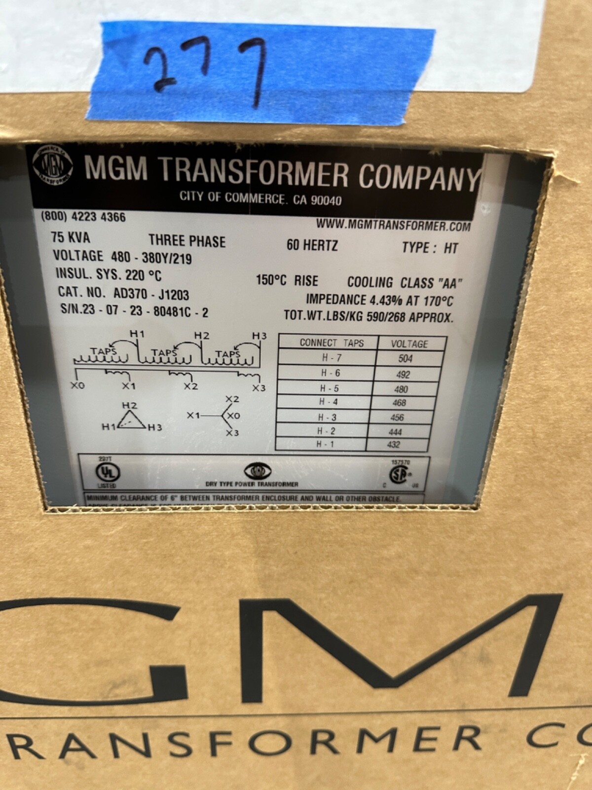 NEW MGM 75KVA Transformer 3 Phase 480v-380v/219v 220v 400v/230v Delta ...