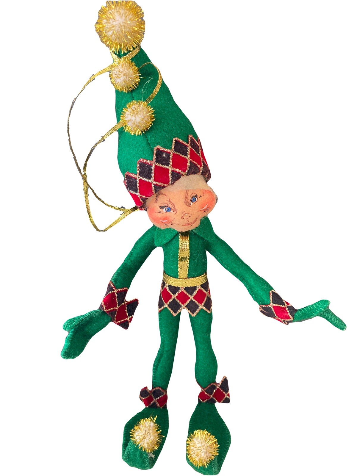 2007 ANNALEE 9" GREEN HARLEQUIN ELF Christmas Pixie Joker Green Red ...