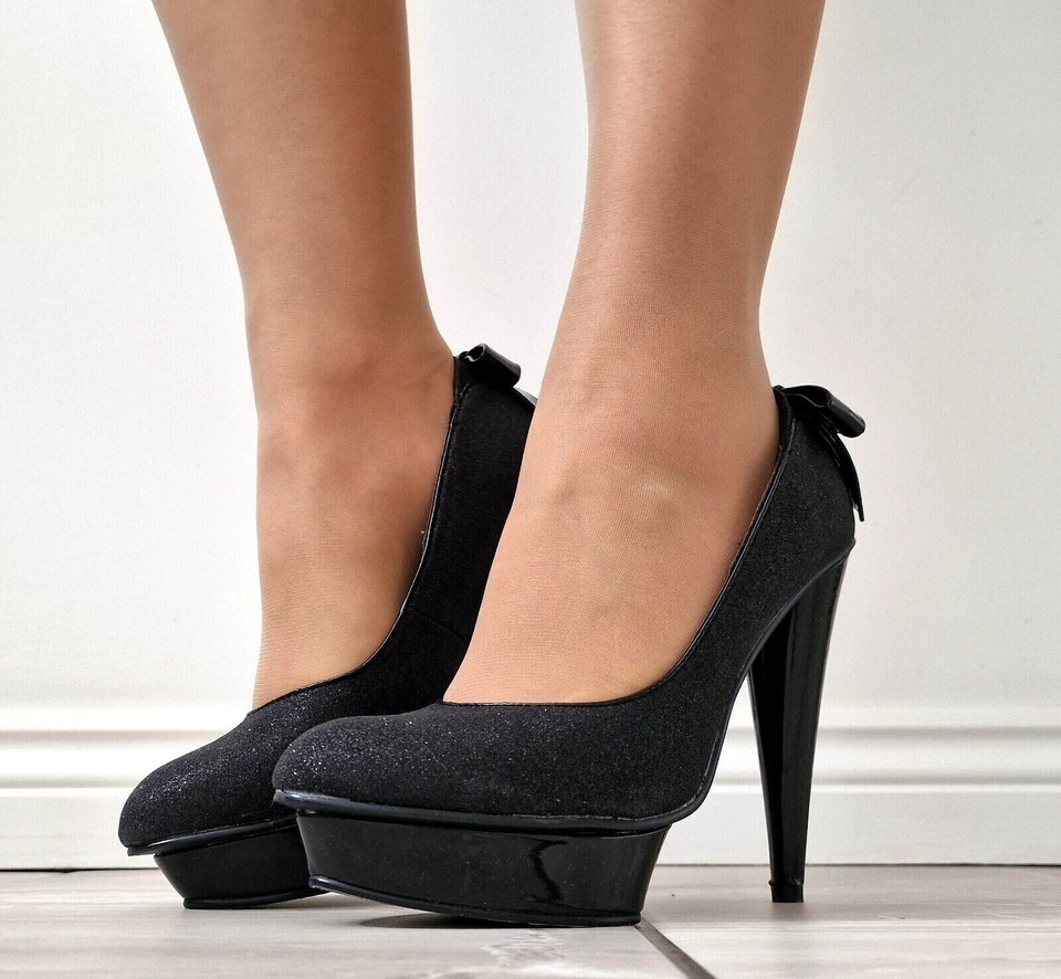 Ladies Platform Court Shoes High Stiletto Heel Sandals Black Shimmer ...