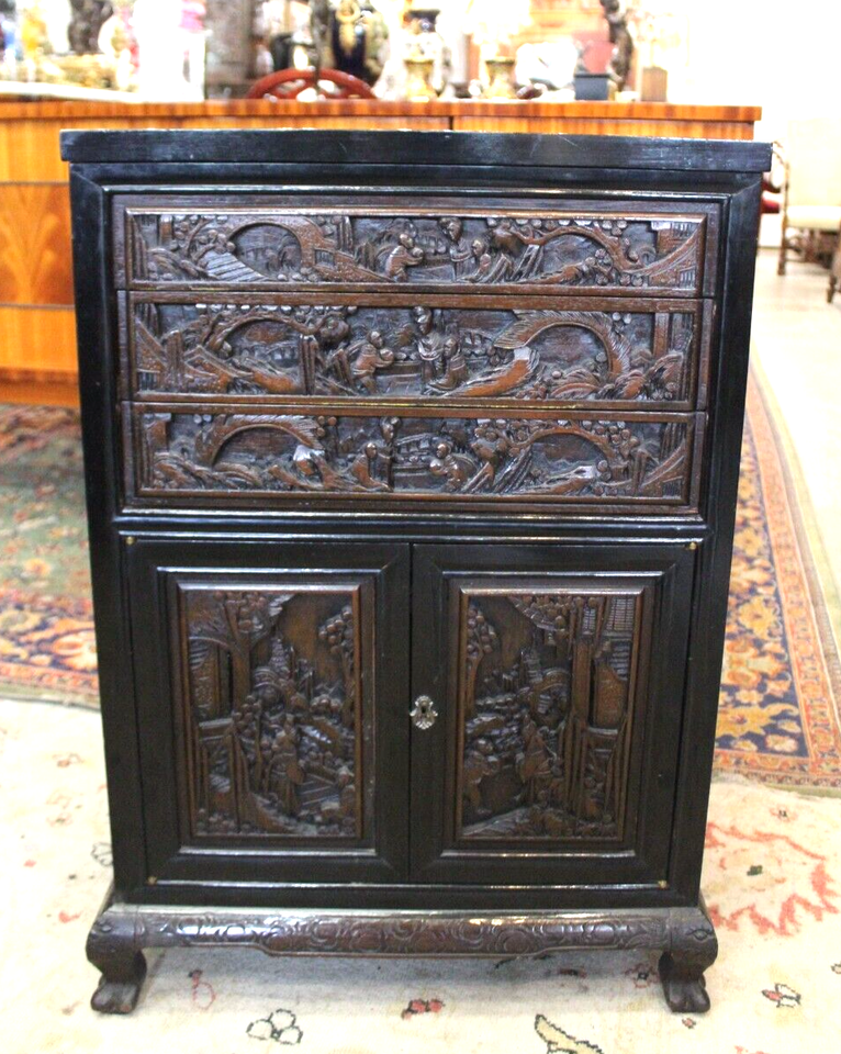 Heavily Carved Chinese Silverware Box Cabinet | Antique Oriental ...