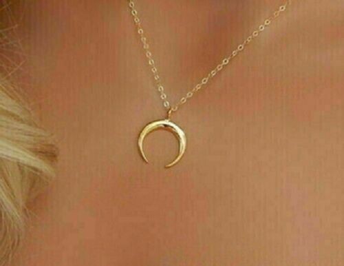 Women's Half Moon Pendant 18'' Real 925 Sterling Silver 14K Yellow Gold ...