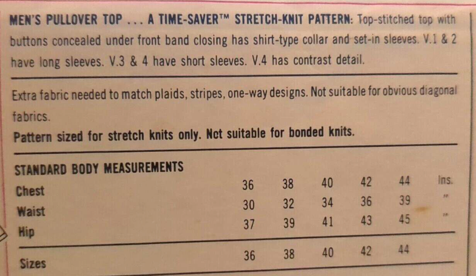 VINTAGE SIMPLICITY Pattern 8798 MEN'S PULLOVER TOP STRETCH KNIT ONLY/SZ ...
