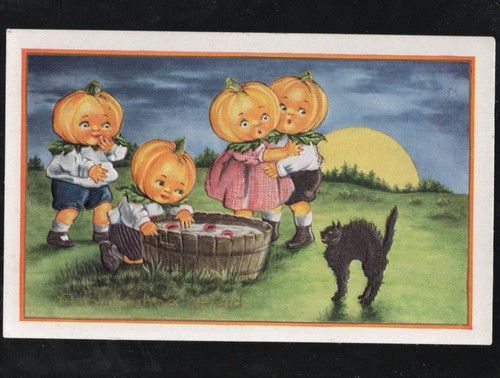 H463 Halloween Antique Postcard Pumpkin JOL Kids Bobbing Apples Black ...