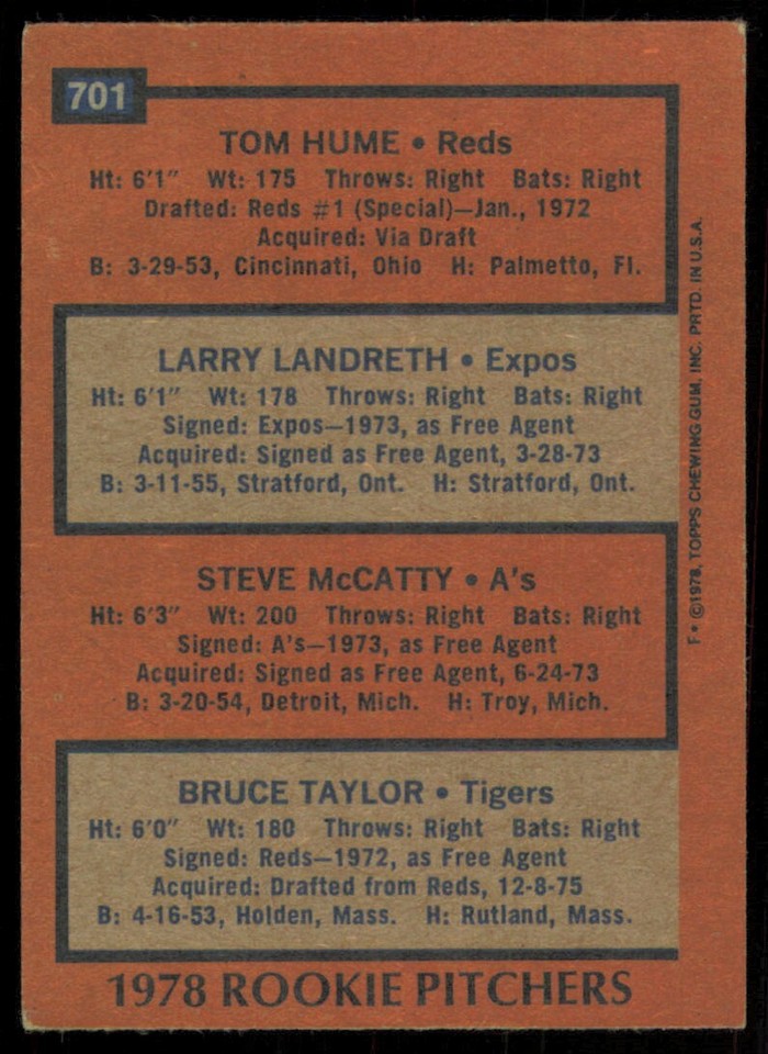 1978 TOPPS ROOKIE PITCHERS - TOM HUME/LARRY LANDRETH/STEVE MCCATTY ...