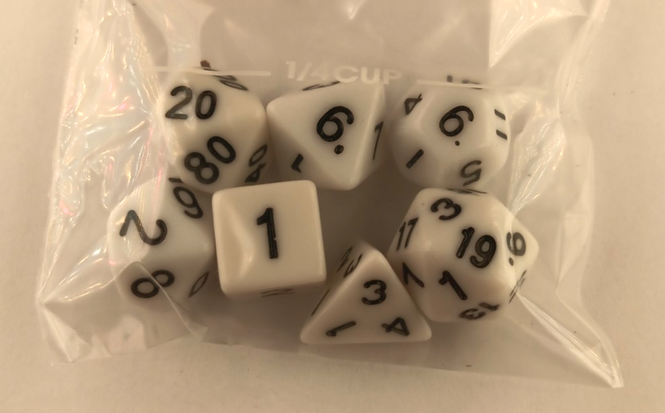 DND Dice Set, White with black numbers, 7pcs D4-D6-D8-D12-D20-D%, RPG ...