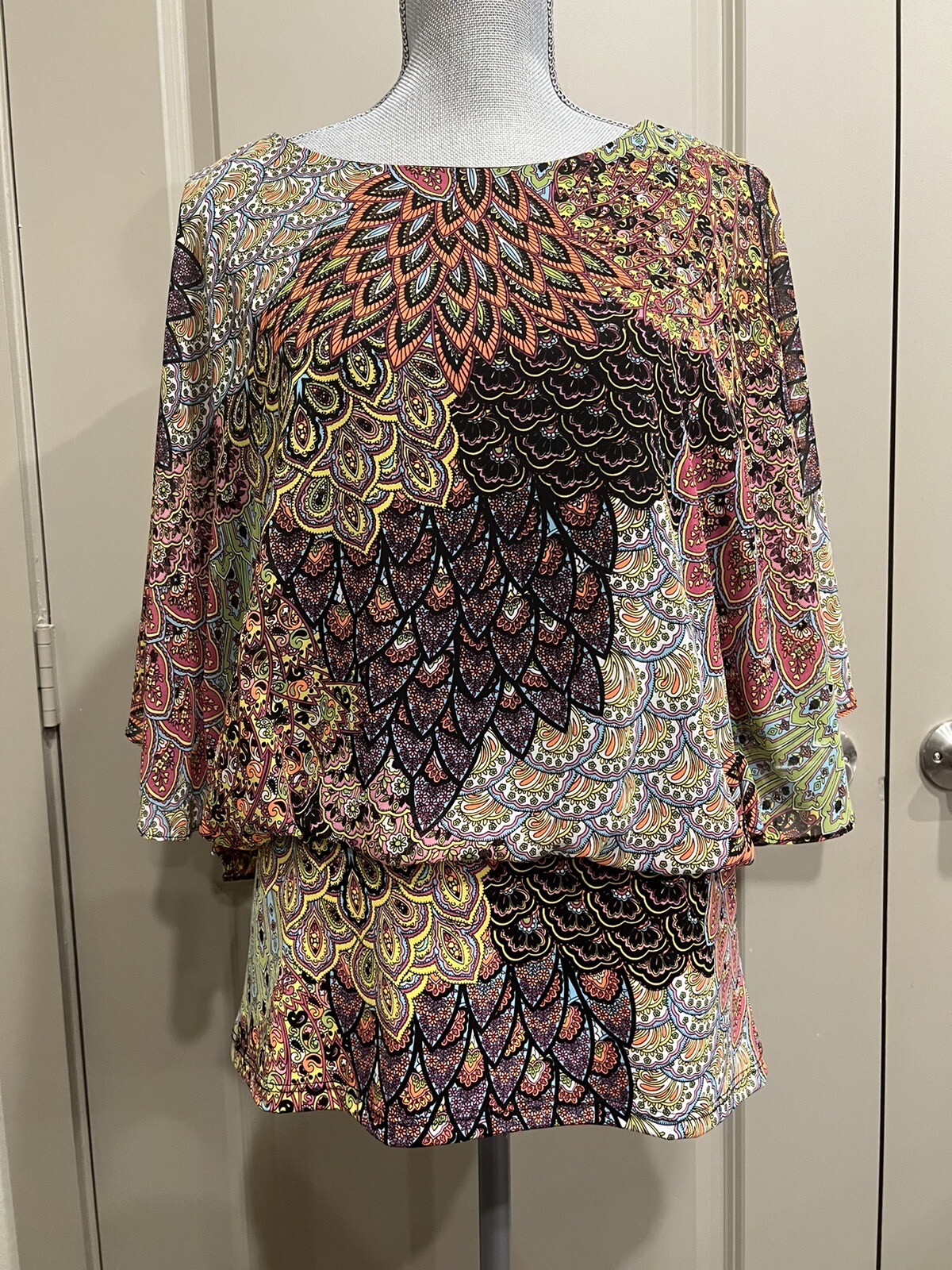 Coco Bianco Paisley Colorful Floral Tunic Flutter Sleeve Flare Blouse ...