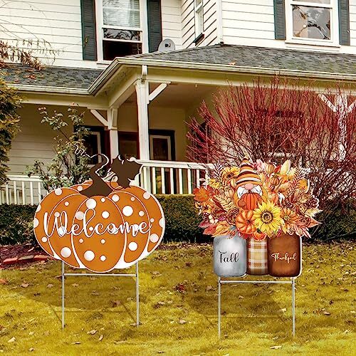 2 Set Fall Yard Signs Thanksgiving Pumpkin Welcome Sign with Stakes 15. ...