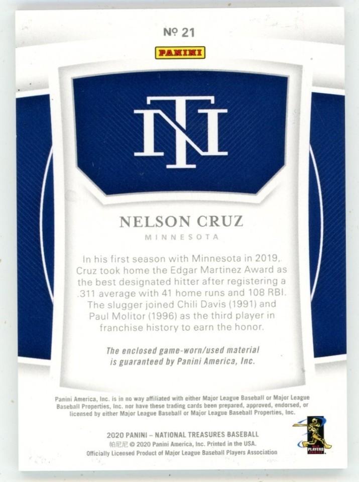 Nelson Cruz 2020 Panini National Treasures Game Used Worn GU Tag Patch ...