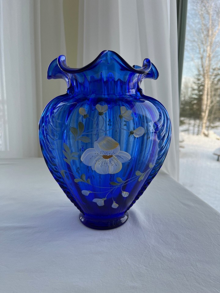 FENTON Art Glass Cobalt Blue HAND PAINTED FEATHERVASE Signed Shelly ...